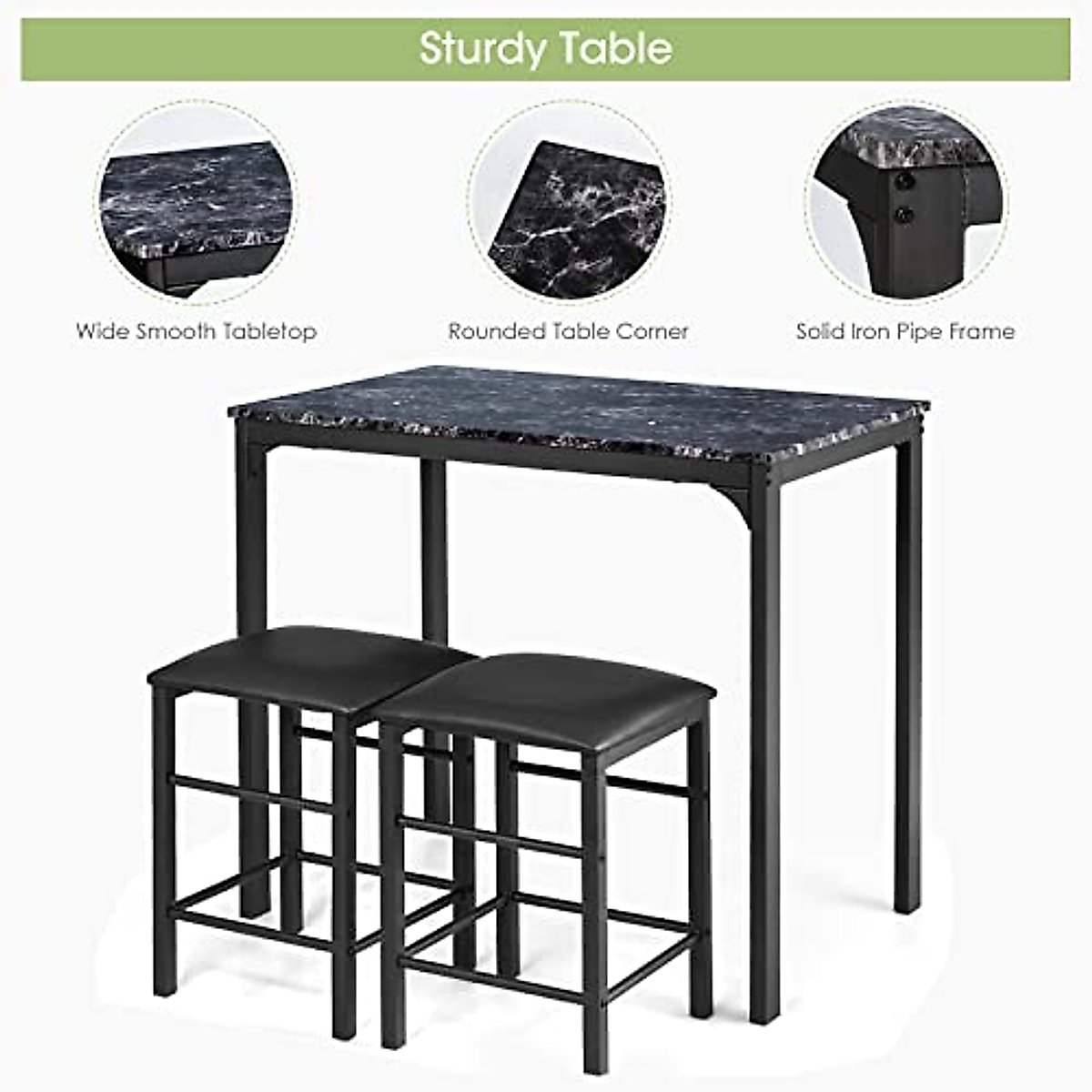 COSTWAY 3 Pieces Dining Table Set, 2 Person Kitchen Breakfast Table and Chair Set Pub Table and Chairs Set, Counter Height Dining Table Set with 2 Bar Stools (Black)