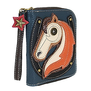 CHALA Zip Around Wallet, Wristlet, 8 Credit Card Slots, Sturdy Pu Leather - Horse - Navy