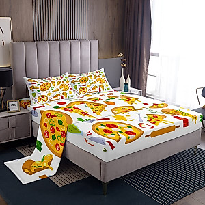 Pizza Bed Sheets Set Full Size Sausage Pizza Sheet Set for Kids Boys Girls Decor Food Themed Sheets with Deep Pocket Fitted Sheet Microfiber Fast Food Bedding Set Bedroom Delicious Gourmet Bed Set