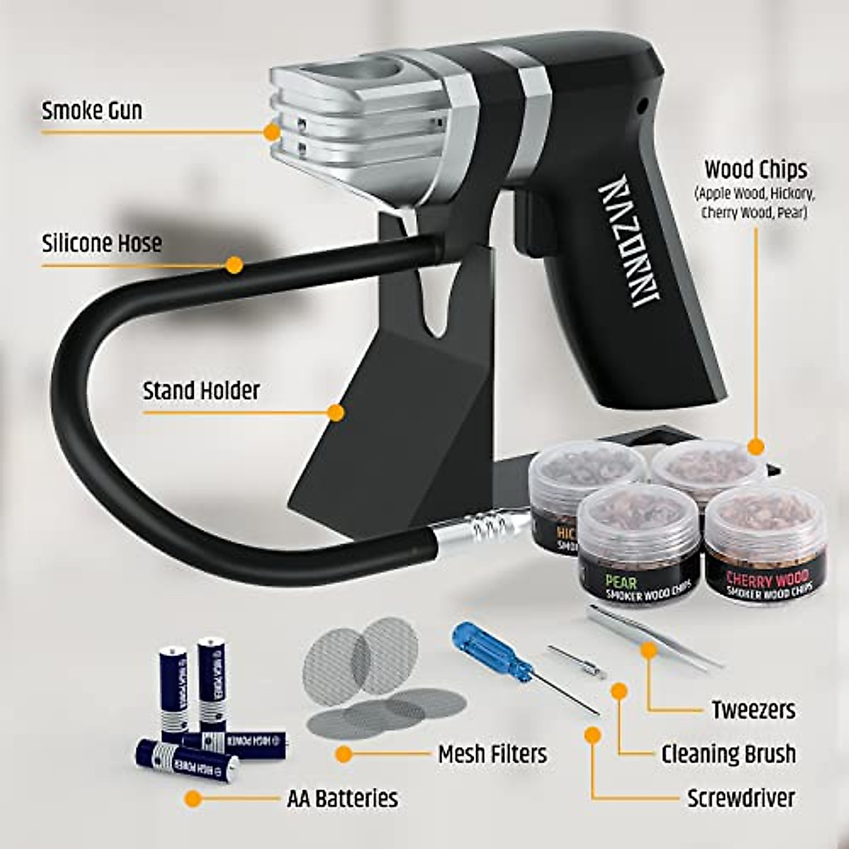 Razorri Smoking Gun Smoke Infuser - Includes 4 Wood Chips, Stand Holder, Hose - Handheld & Countertop Electric Smoker Machine for Classy Smoke, Infused Cocktails, Wine, Cheese, Meats & More