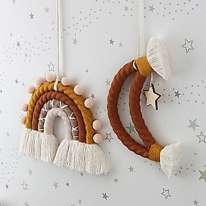 ZWADOU Rainbow Moon Wall Hanging,Rainbow Moon Wall Art,Handmade Macrame Rainbow Wall Decor for Nursery Kids Room Home Decor, Yellow+brown, rainbow:8*7in,luna:9.5*5.5in