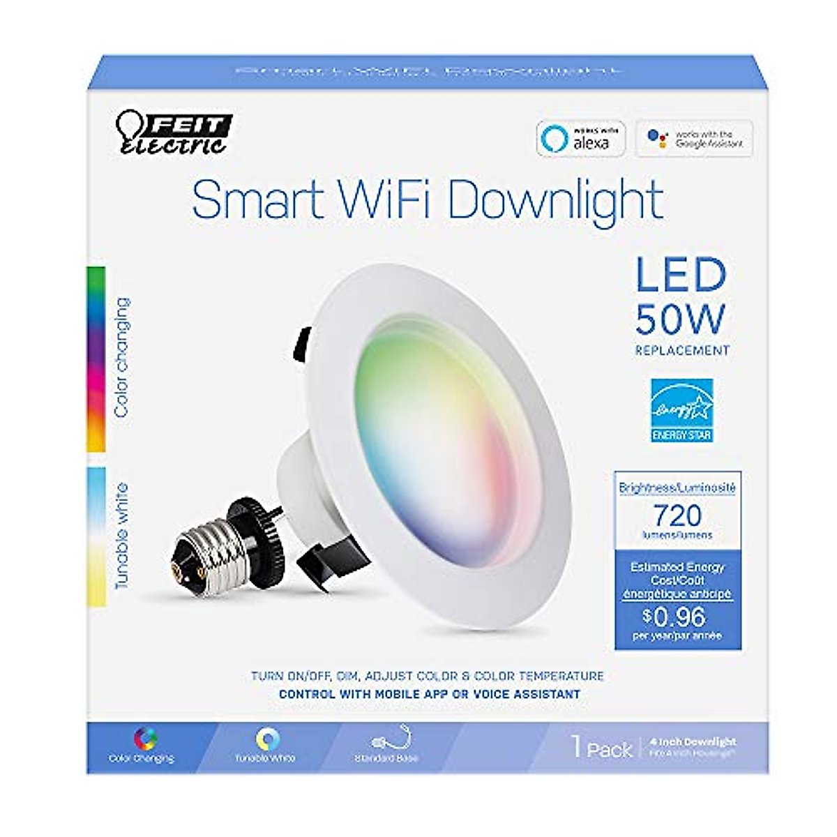Feit Electric 4 Inch Smart Recessed Light, Color Changing and Tunable White, 2.4GHz WiFi Retrofit LED Downlight E26 Base, No Hub, Works with Alexa and Google, Dimmable 50W Equi, CRI90, LEDR4/RGBW/AG