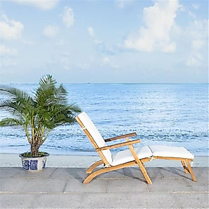 SAFAVIEH Outdoor Collection Palmdale Natural Brown Solid Wood/Beige Cushion Chaise Lounge Chair (PAT7015C)