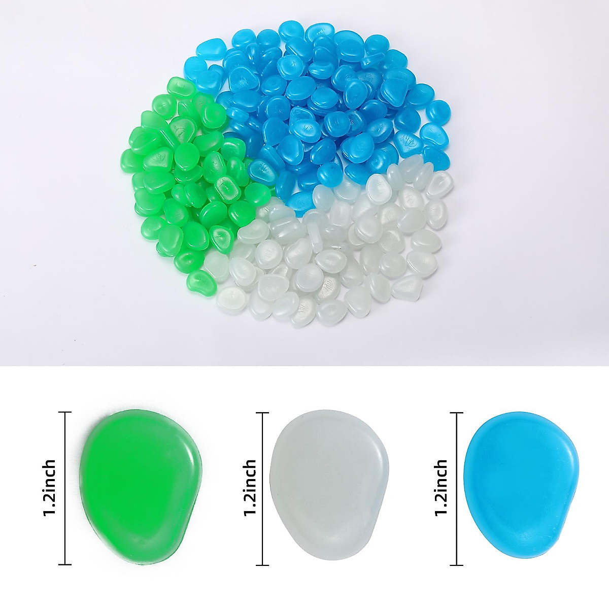 200 Pack Glow in The Dark Pebbles Stones, 100 Glow Blue / 50 Green / 50 White, Fish Tank Rocks Decoration for Garden, Aquarium, Plant Pots, Bonsai Walkway, Driveway (Set of 200)
