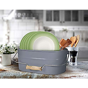 Farmhouse Utensil Caddy with 4 Compartments and Wooden Handle for Flatware, Condiments, Party Cutlery - Galvanized Metal Caddy for Indoor/Outdoor Use - Charcoal