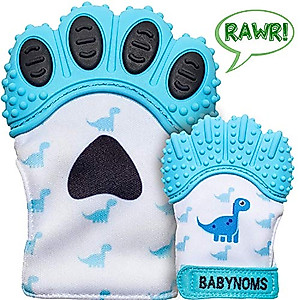 BabyNoms ® Teething Mitten | The Original Teething Paw | Safe Silicone Teething Toy or Teething Ring Provides Self-Soothing Teething Relief | Dino Blue Teether
