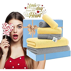 VOOVA & MOVAS Towels for Bathroom, Bath Towels with Hanging Loop - 100% Cotton | Soft | Quick Dry | Thick, Towel Set of 6, 2 Large Bath 30"x56", 2 Hand 18"x28", 2 Washcloths 13"x13", Grey and Yellow