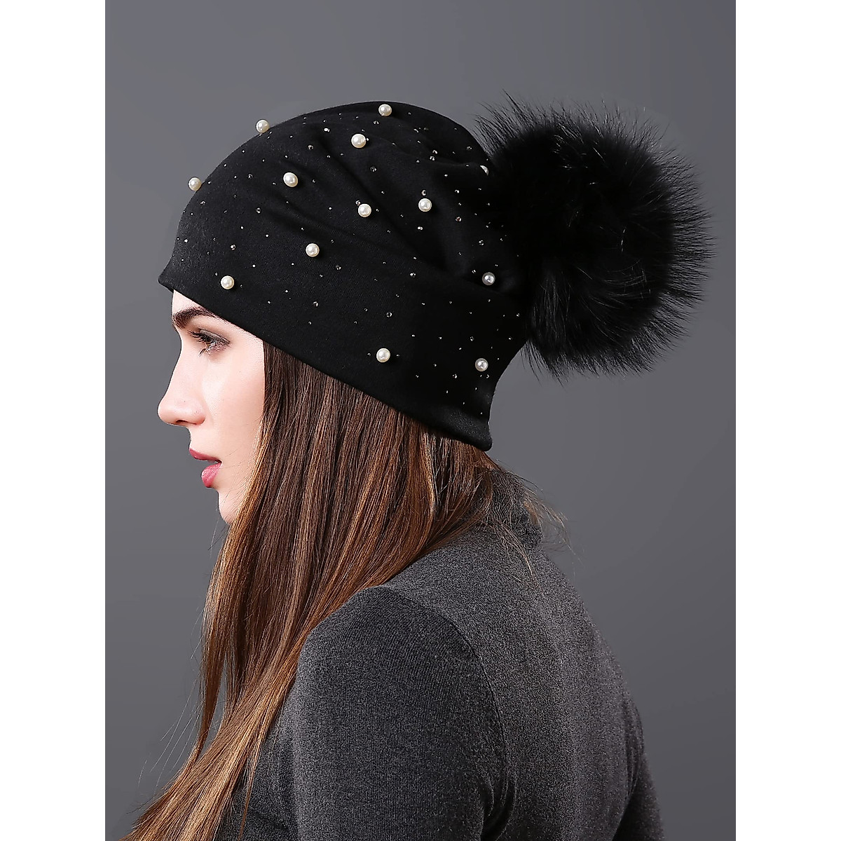 AICHUAN Womens Slouchy Beanie Hat with Real Raccoon Fur Ball Pompom Cotton Pearls Winter Fall Hat