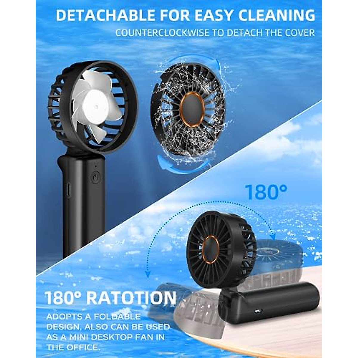 Hssio Portable Handheld Fan, Mini Desk Fan Foldable 2000mAh, 180° Ratotion, 3 Speeds, Ultra Quite, Up to 8H Long Use Time, Small Personal Cooling Fans Makeup Eyelash Fan for Women Girl