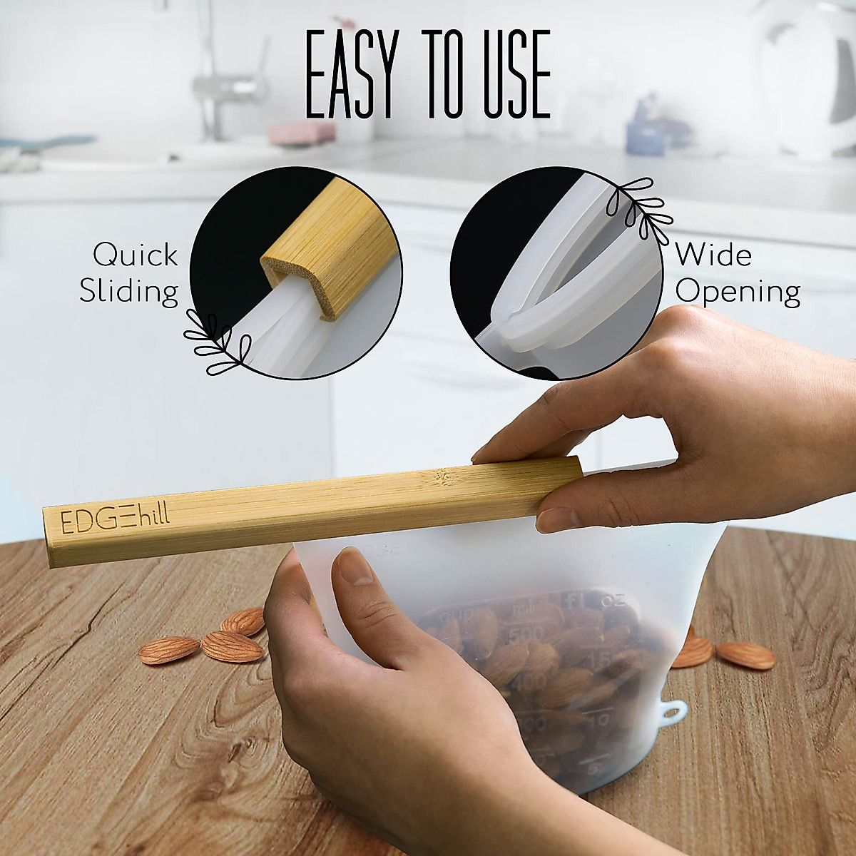 Edgehill Endlessly Reusable Silicone Ziplock Storage Bags with Eco-friendly Wooden Slider Bar, 3 Pack Assorted Freezer Bags, BPA- Free Leakproof Silicon Material, Dishwasher & Microwave Safe, Versatile & User-friendly