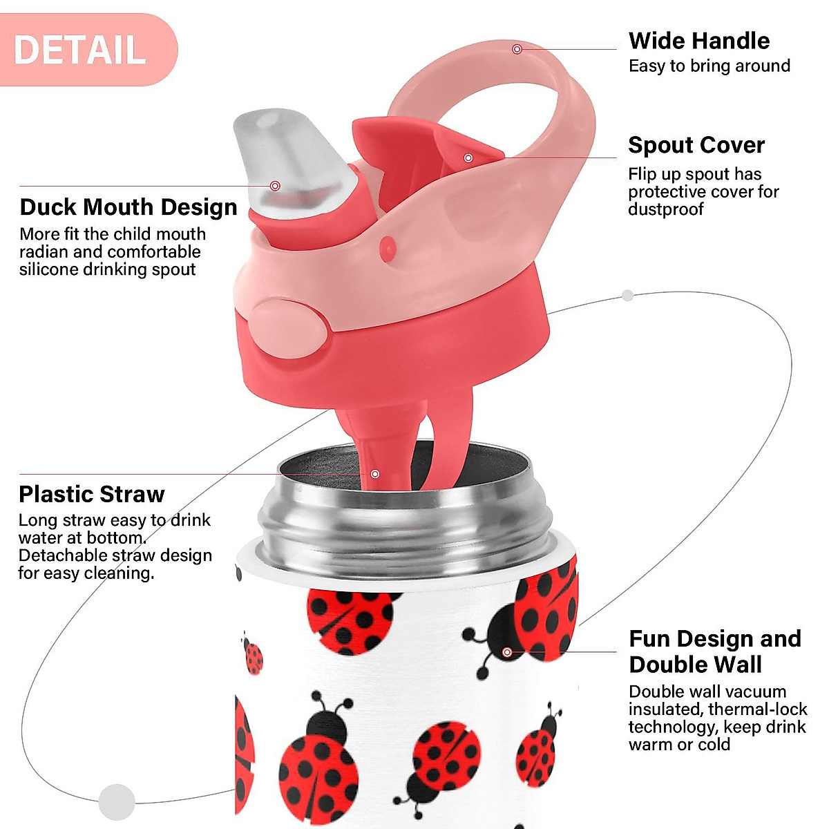 Kigai Ladybug Kids Water Bottle,Insulated Stainless Steel Reusable Metal Thermos Bottles, Leak-Proof Straw Lid, BPA-Free, For Boys,Girls