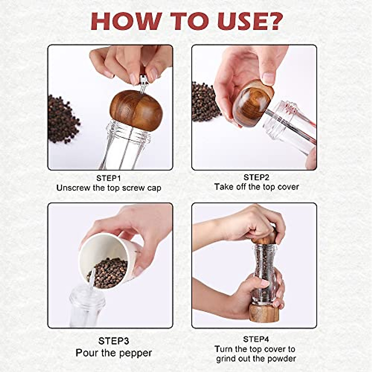 WDBBY Manual Acrylic Salt and Pepper Grinder Set Wooden Shakers With Adjustable Ceramic Core Spice Mill Kitchen Tools