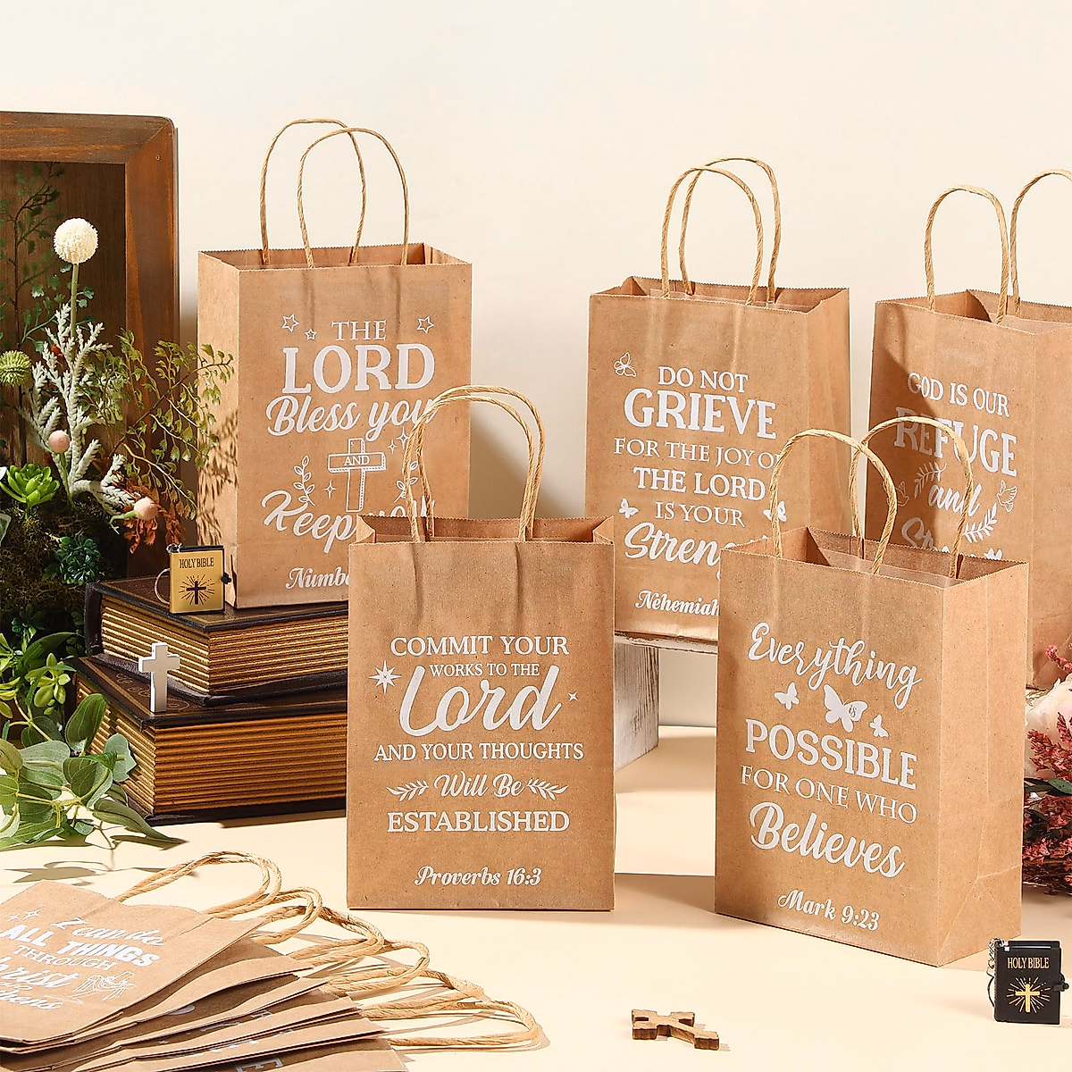 Chiisong 100 Pcs Christian Gift Bags Religious Bible Verse Treat Bags with Handles Inspirational Scripture Church Bag for Sunday School Baptism Guest Birthday Party Favor (Kraft with White)