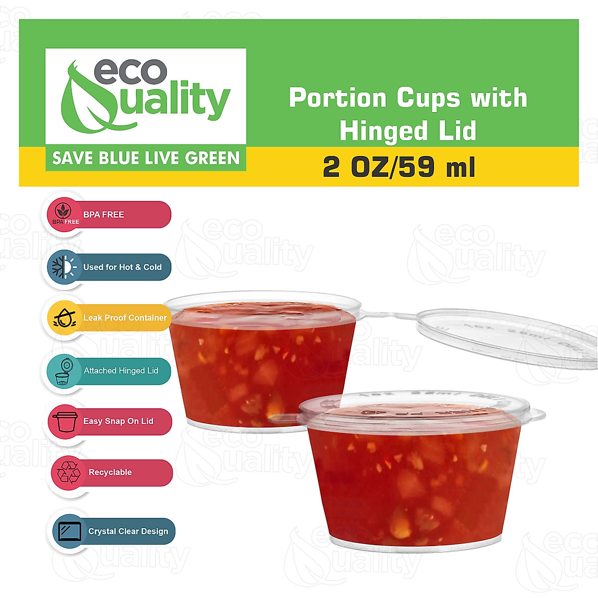 EcoQuality [50 PACK 2 Oz Leak Proof Plastic Condiment Souffle Containers with Attached Lids - Portion Cup with Hinged Lid Perfect For Sauces, Samples, Slime, Jello Shot, Food Storage & More!