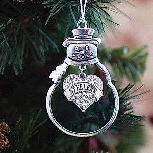 Inspired Silver - Steelers - Silver Christmas Ornament - Pave Heart Charm Christmas Tree Ornament with Cubic Zirconia - Snowman Hanging Decoration