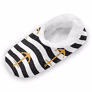 Indoor Slippers for Women Men Nautical Sea Anchor Stripe House Slipper Socks with Grippers Non-Slip Fuzzy Feet Slippers Winter Warm Flip Flop (Men 11-12)