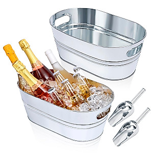 Galvanized Tub 2 Pcs 3 Gallon Metal Beverage Ice Buckets for Parties Drink Wine Beer Champagne Vintage Tin Large Buckets with Scoops for Cocktail Mimosa Bar Supplies