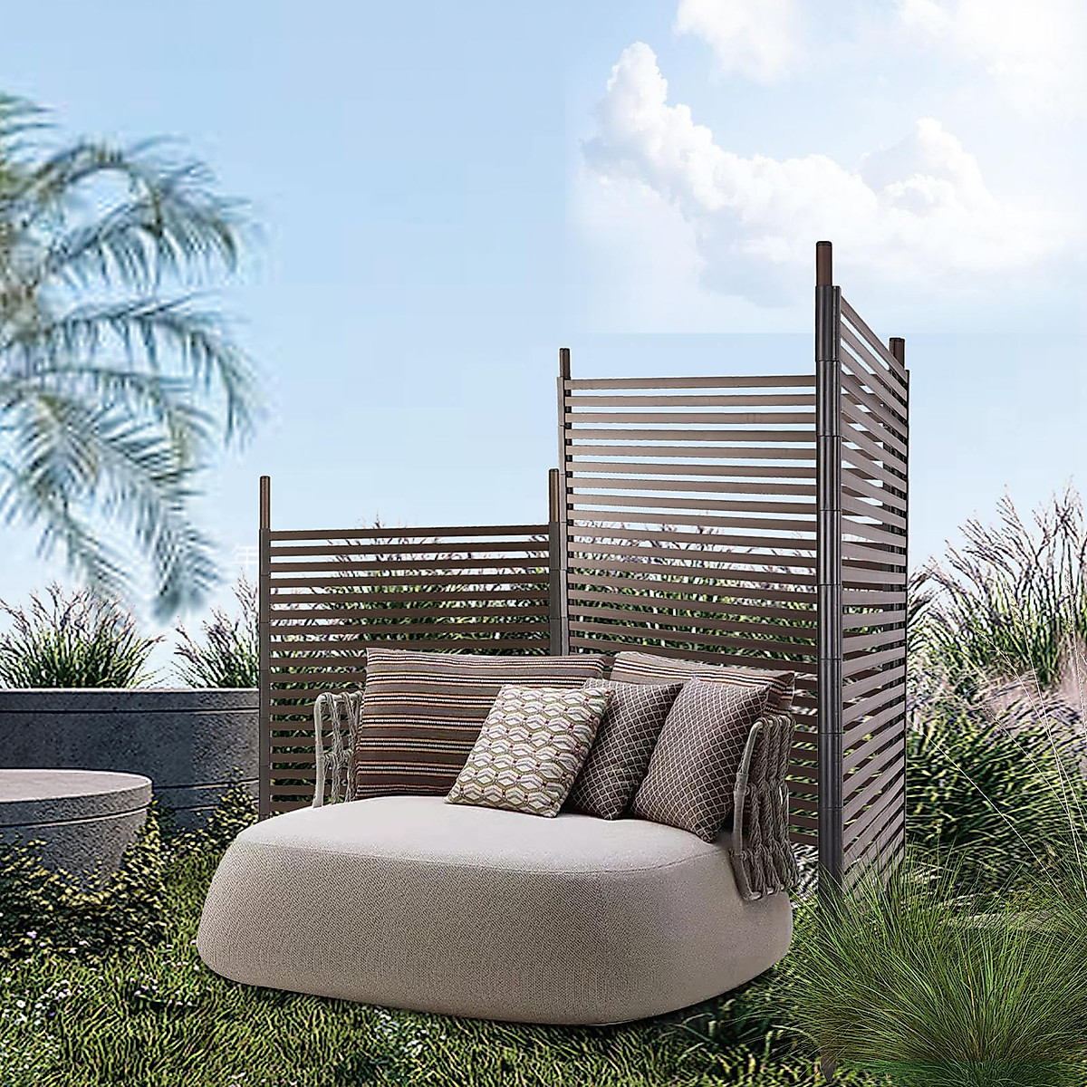 YOTOWORTH Patio Privacy Fence Screen, Outdoor Metal Slatted Decorative Privacy Screen and Panels Freestanding for Patio Divider, Brown Outdoor Privacy Screen with Stand, 71" H×35.4" W