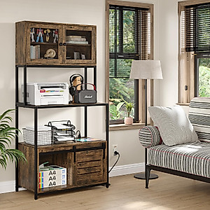 Furniouse 6-Tier Kitchen Bakers Rack with Power Outlet, Industrial Microwave Oven Stand with Shelves, Kitchen Utility Storage Shelf with Cabinet, Standing Kitchen Storage Rack (Rustic Brown)