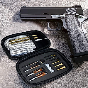 Gun Cleaning Kit 19 in 1 with Special 9mm Handgun Snake .22 .38 9mm .40 .45 Caliber Pistol Bronze Bore Brush and Brass Jag Adapter,100Pcs 3" Cotton Swabs Empty Bottle by DINGDOON