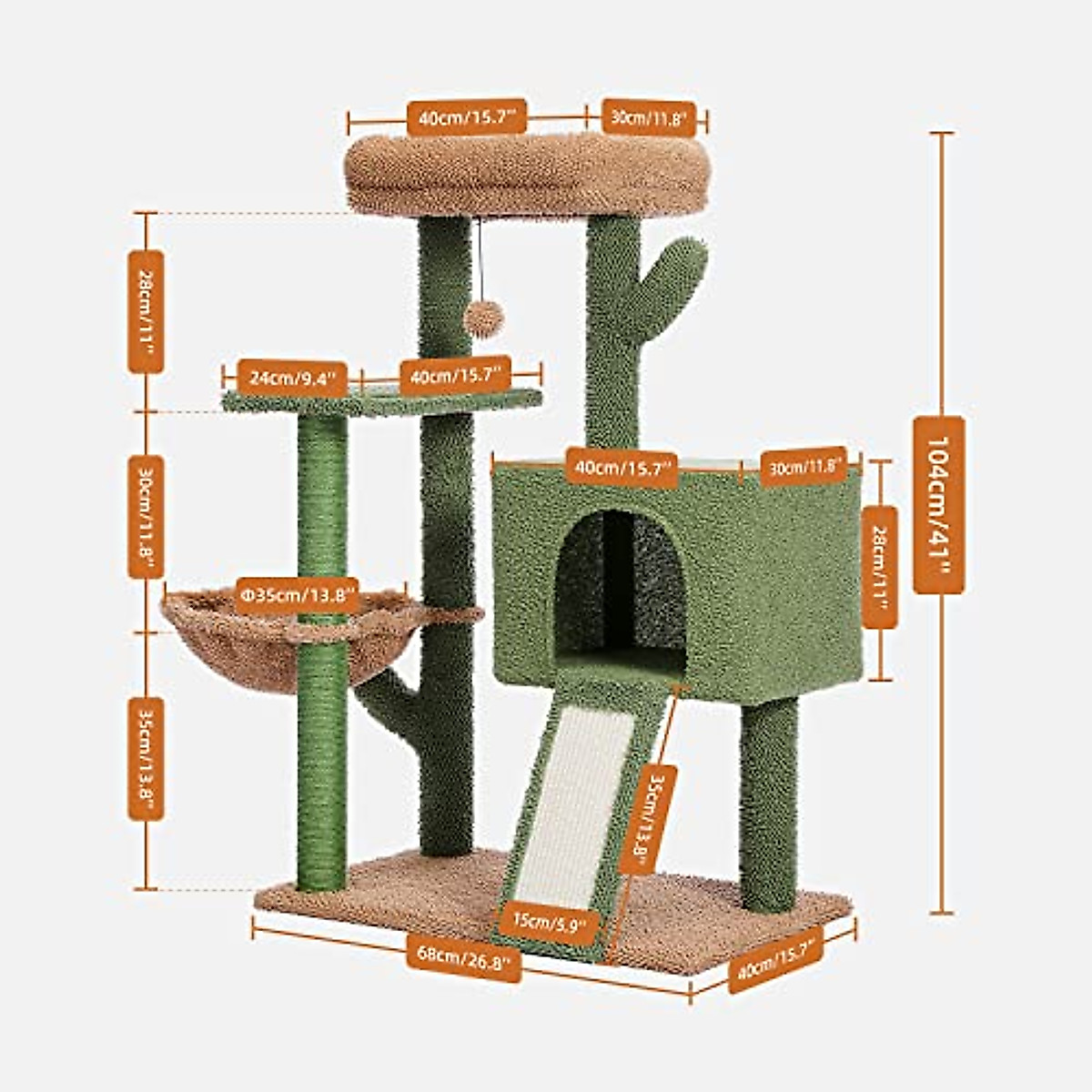 PAWZ Road 41 Inches Cactus Cat Tower with Sisal Covered Scratching Post and Cozy Condo for Indoor Cats, Cat Climbing Stand with Plush Perch &Soft Hammock for Multi-Level Cat Play House