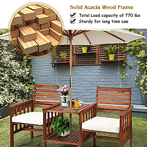 Tangkula Acacia Wood Loveseat, 3pcs Outdoor Table Chairs Set, Patio Conversation Set w/Coffee Table and Soft Cushions, 2.1-inch Umbrella Hole, 2-Seater Furniture Set (White)