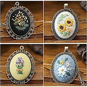 ZOCONE 4 Packs Embroidery Necklace Kit, Embroidery Pendant Kit Mini Cross Stitch Kit with Hoop, Necklace, Pendant, Stamped Pattern Cloth, Instructions, etc, Embroidery Kit for Adults