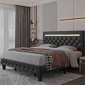 Kallabe Queen Size Bed Frame with LED Light Leather Platform Bed Frame with Adjustable Upholstered Headboard, Smarter Bed Frame APP Control LED Lights, No Box Spring Needed, Black