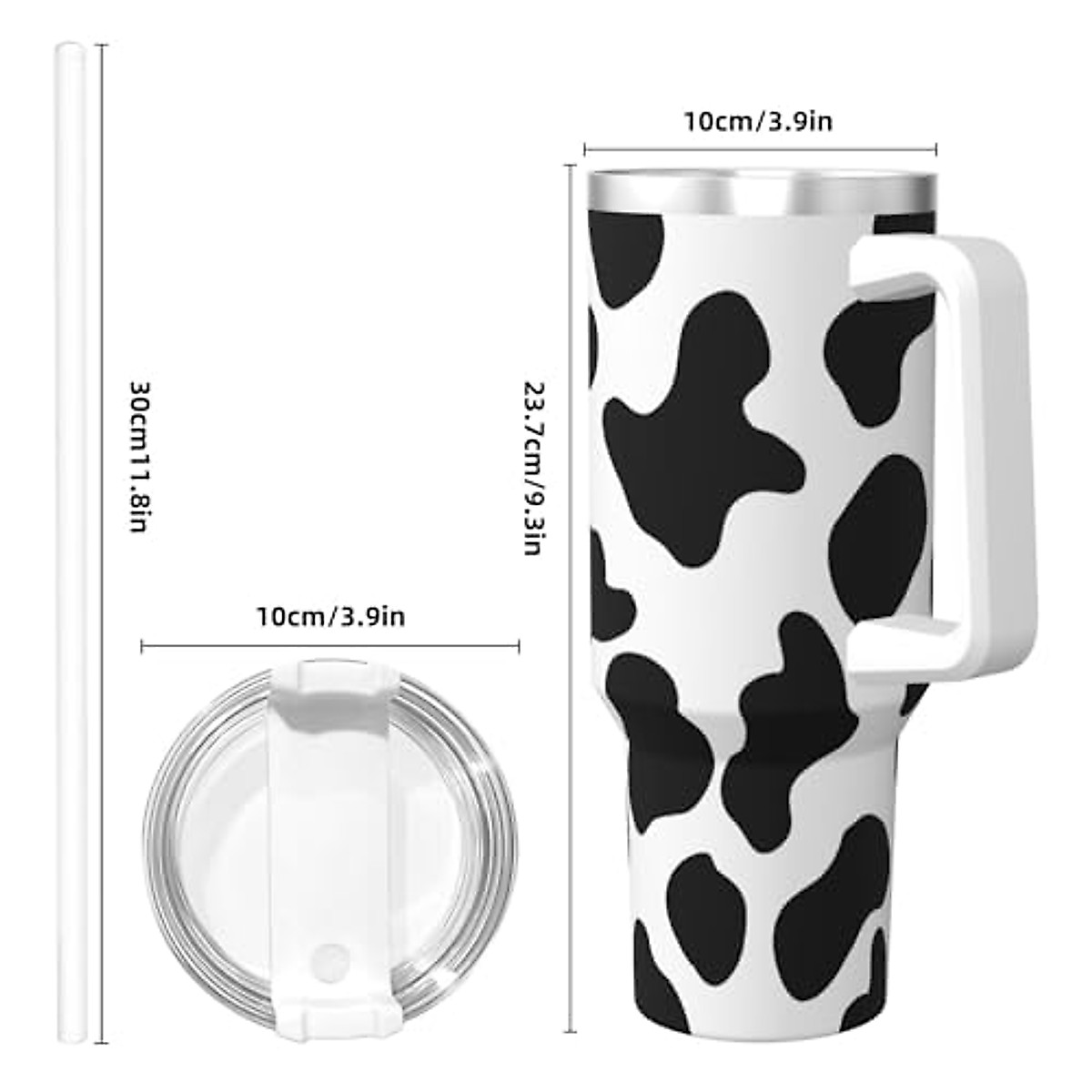 deaokluy 40 OZ Cowhide Print Ice Bully Cup with Handle Straw Lid, Double Wall Stainless Steel Tumbler Travel Coffee Cup, Black and White Insulation and Cooling Cup for Christmas Birthday Present