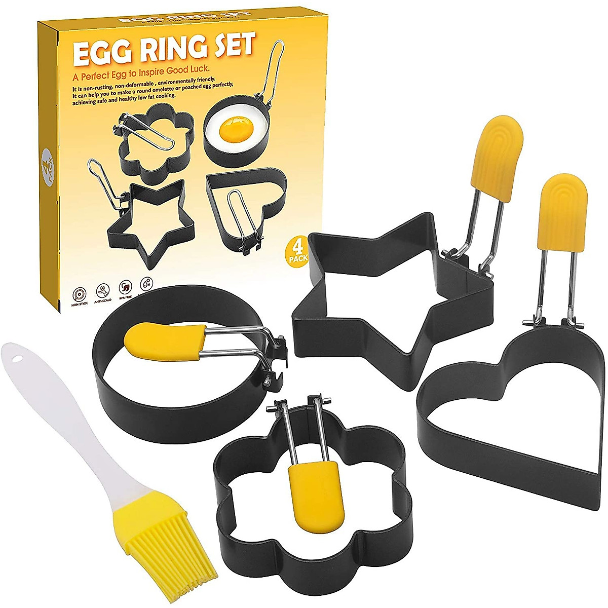 Egg Ring, 4 Pack Stainless Steel Egg Ring With Non Stick Metal Shaper Circles for Fried Egg McMuffin Sandwiches, Egg Maker