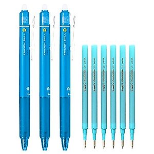 Pilot FriXion Ball Knock Retractable Erasable Gel Ink Pens, Extra Fine Point 0.5mm, Light Blue Ink, 3 Pens & 6 Refills Value Set