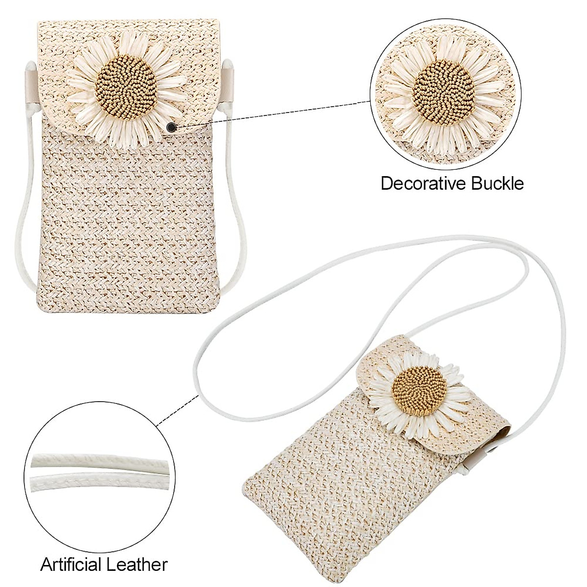 Soleebee Boho One Shoulder Crossbody Phone Bag Small Shoulder Bag Mini Wallet for Women Storage Bag Woven Leather Trim Phone Bag Compatible with Multiple Phone Sizes, Beige daisies