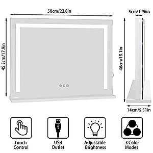 SHOWTIMEZ Vanity Mirror with Lights, Tabletop Wall-Mounted Makeup Mirror with Dimmable 3 Modes LED Backlit Light Strip,Touch Screen Control Cosmetic Mirror with USB Outlet, 22.8" W x 17.5" H