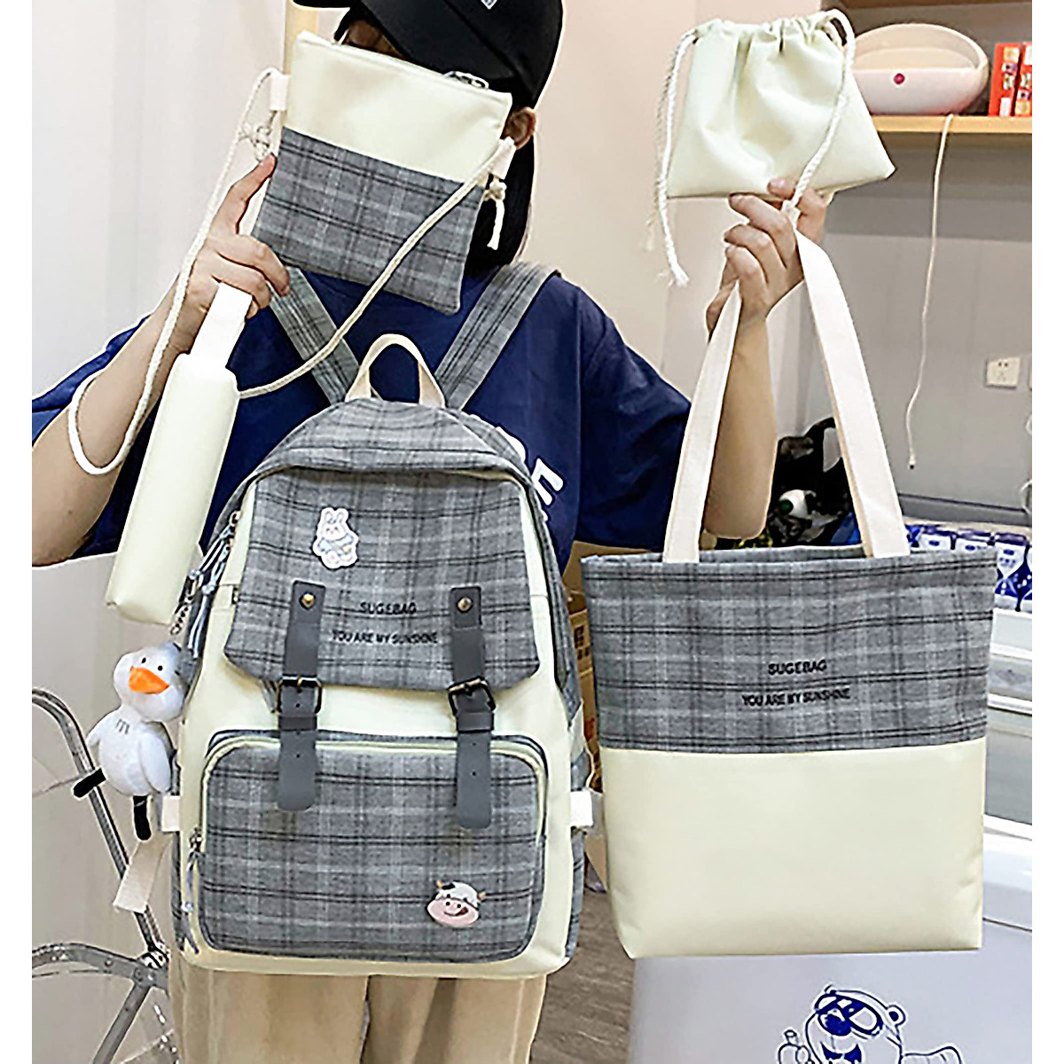 DAHUOJI 5Pcs Kawaii Backpack Set with Badge & Duck Pendant,Japanese Aesthetic Check Bookbag for Girls Cute Plaid School Bags Comes with Tote Bag,Shoulder Bag,Pencil Box,Small Bag(Black,16in)