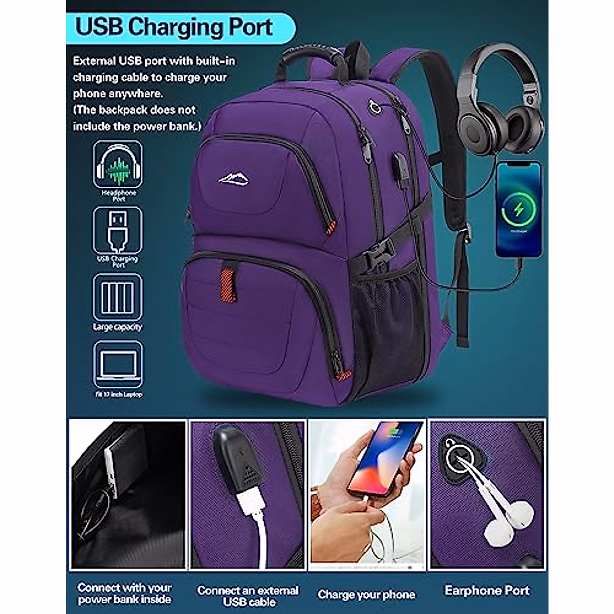 ProEtrade Travel Backpack, Extra Large Laptop Backpack School Business Anti Theft TSA Approved College Work Computer Bag Fits 17 Inch Laptop with USB Charging Port Bookbag for Women Men(Purple)