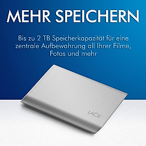 LaCie Portable SSD 2TB External Solid State Drive - USB-C, USB 3.2 Gen 2, speeds up to 1050MB/s, Moon Silver, for Mac PC and iPad, with Rescue Services (STKS2000400)
