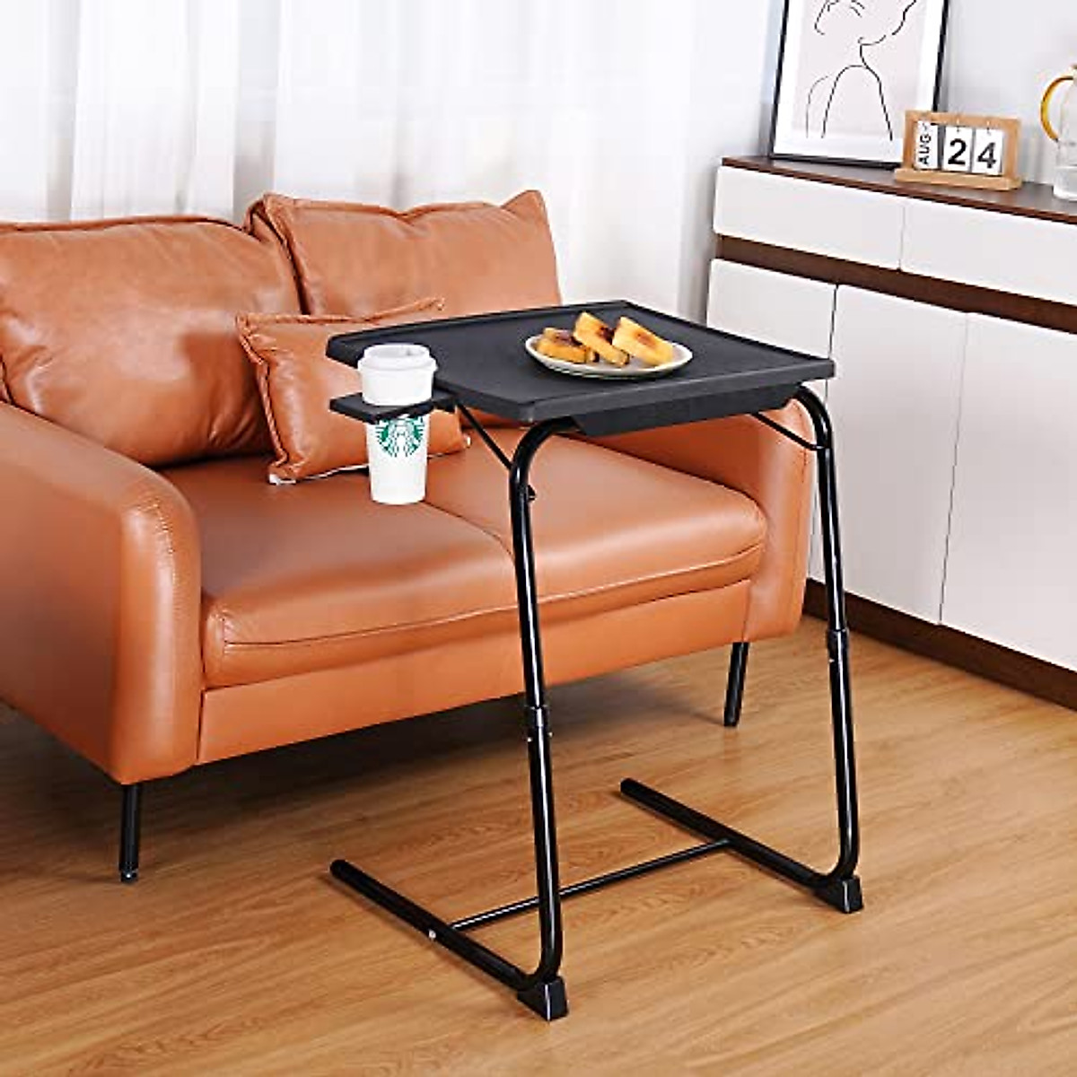 TV Tray Table, Allpop Adjustable TV Dinner Tray for Eating, Folding Laptop Table with 6 Heights & 3 Tilt Angles, Cup Holder for Bed & Sofa, Black