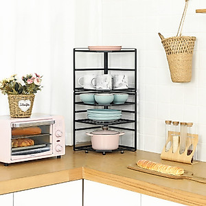 LUMAMU 2 Pack Stackable Corner Shelf Stand, Height Adjustable Cabinet Corner Rack, Countertop Shelf Organizers for Plates, Dishes, Cabinet & Pantry Kitchen Organization, Black