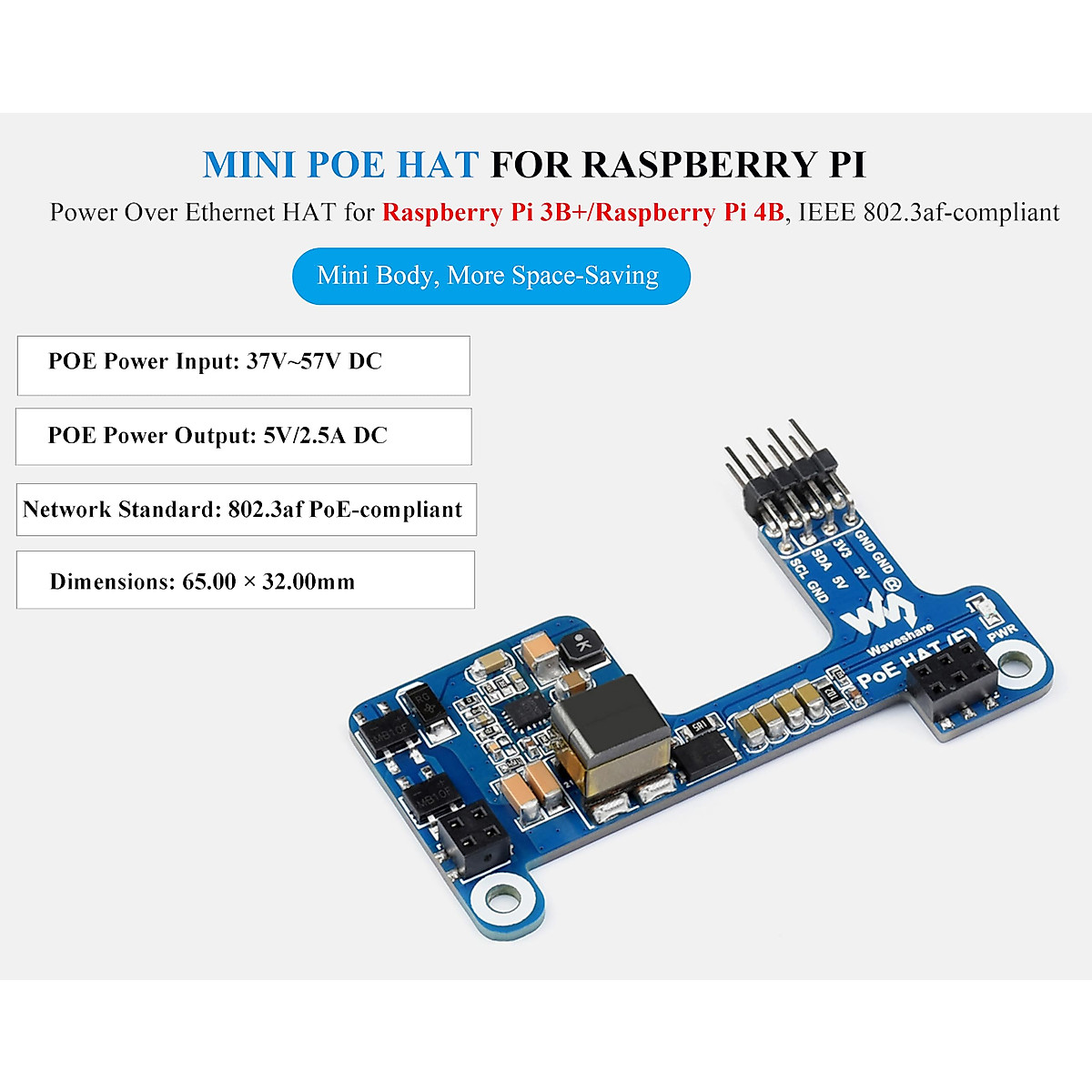 PoE HAT for Raspberry Pi 4B/Raspberry Pi 3B+, Power Over Ethernet (PoE) Support 802.3af PoE Network Standard, Compatible with Raspberry Pi Official Case, Support Connecting Cooling Fan