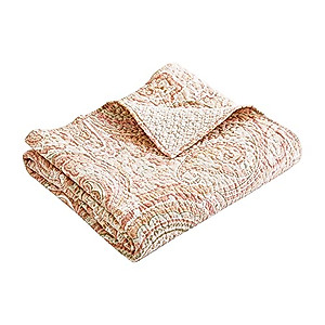 Levtex - Spruce Coral - Quilted Throw - (50 x 60) - Paisley - Coral and Tan - Reversible Pattern - Cotton Fabric