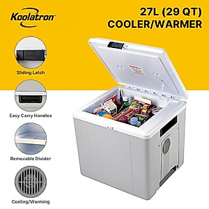 Koolatron Electric Portable Cooler Plug in 12V Car Cooler/Warmer 29 qt (27 L), No Ice Thermo Electric portable Fridge for camping, Travel Road Trips Trucking with 12 Volt DC Power,Gray/White.