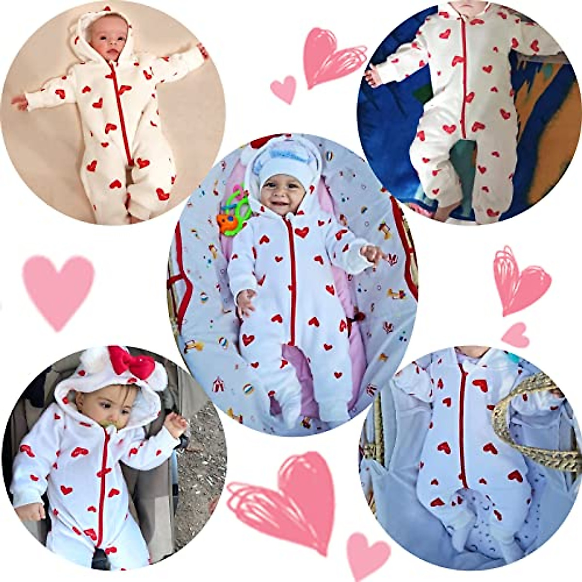 AMAWMW Baby Girl Valentines Day Outfit Newborn Love Heart Hooded Jumpsuit SnowSuit Infant Warm Winter Clothes Gifts Set Stuff