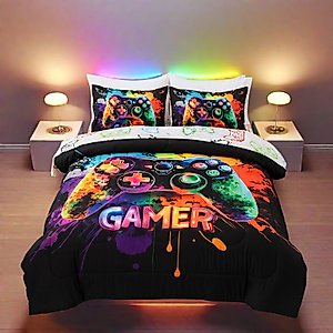 Meeting Story Game Comforter Set for Boys, Twin Size 5-Piece Gaming Bedding Sets for Kids Teens, Colorful Video Game Gaming Quilt with Two Pillowcases(Black)