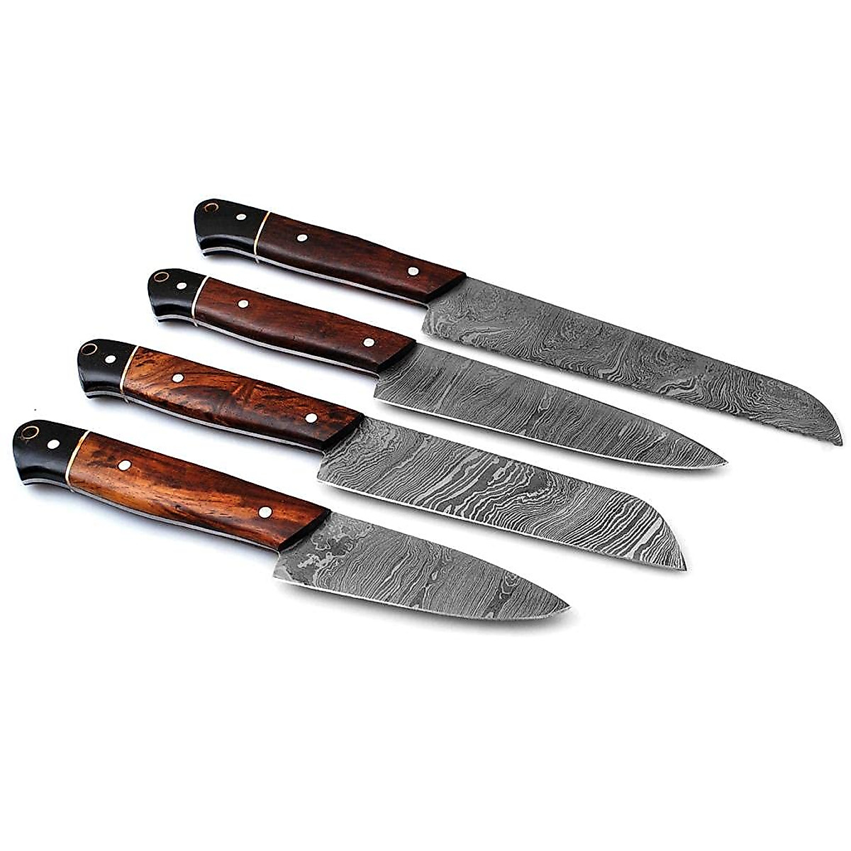 Professional Kitchen knife Custom Damascus Steel Chef knife 4 pcs of Utility BBQ knife| Cutlery set with Ross wood and Buffalo Horn Handle with Leather Roll Case, Overall 8.5 -13 inches