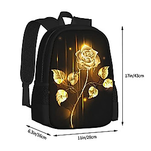 UIACOM Rose Backpacks Golden Sparkle Rose Floral Flower on Black School Bags Travel Backpacks Laptop School Bookbag Lightweight 17 inch Large Daypack Rucksack for Women Men Teens Kids