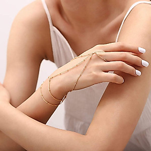 Chicque Beaded Ring Bracelet Hand Chain Gold Layered Finger Ring Hand Bracelet Party Hand Jewelry for Women and Girls