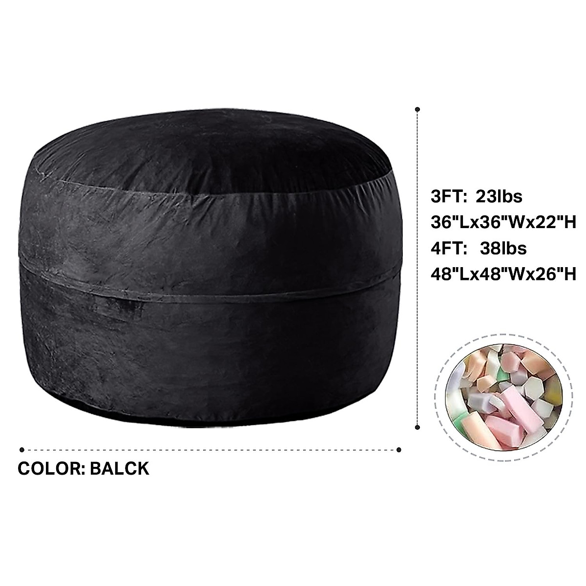 WhatsBedding Bean Bag Chairs for Adults Filled with Memory Foam, Large Bean Bag Sofa, Furniture Bag with Soft Dutch Velvet Cover,Black, 3 FT