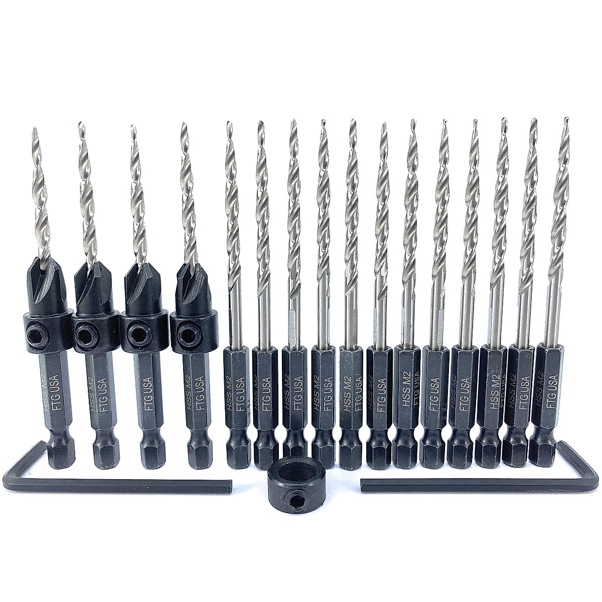 FTG USA Countersink Drill Bit Set 4 Piece Same Size #6 (9/64") Countersink Drill Bit with 12 Replacement Tapered Countersink Bits #6 (9/64") 1 Depth Stop Collar, 2 Hex Wrench
