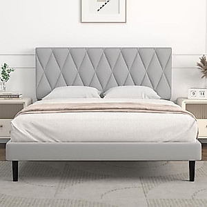 IYEE NATURE Queen Bed Upholstered Platform with Headboard and Strong Wooden Slats, Strong Weight Capacity, Non-Slip,No Box Spring Needed, Easy Assembly,Gray