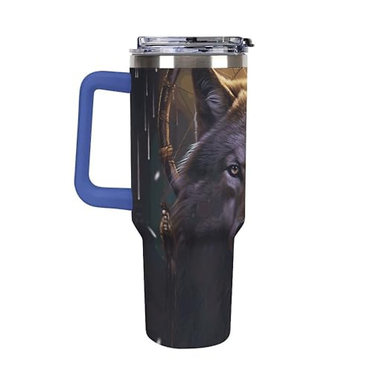 40 Oz Vacuum Tumbler with Deep Blue Handle Leakproof Insulated Tumbler Wolves And Dream Catchers Stainless Steel Travel Mug with Lid And Straw Coffee Cup Cute Water Bottles Cup Holder Friendly
